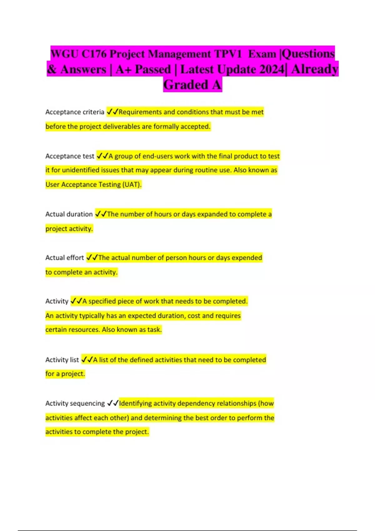 Bundle of WGU C176 Business of IT Project ManagementProject Exams |Questions & Answers | A+ ...