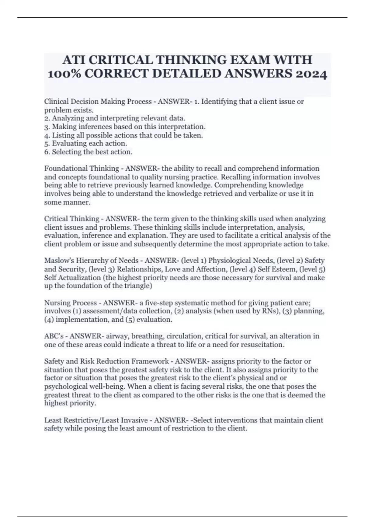 ATI CRITICAL THINKING EXAM WITH 100% CORRECT DETAILED ANSWERS 2024 ...