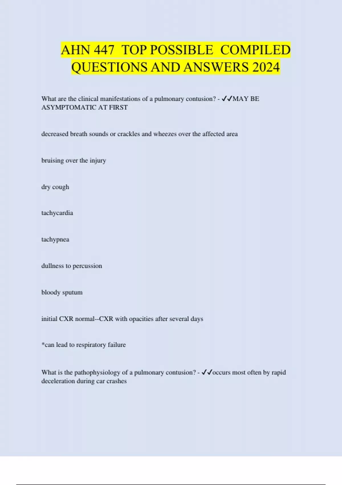 AHN 447 TOP POSSIBLE COMPILED QUESTIONS AND ANSWERS 2024 - AHN 447 - Stuvia US