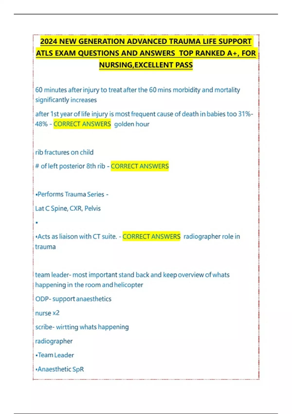 2024 NEW GENERATION ADVANCED TRAUMA LIFE SUPPORT ATLS EXAM QUESTIONS ...