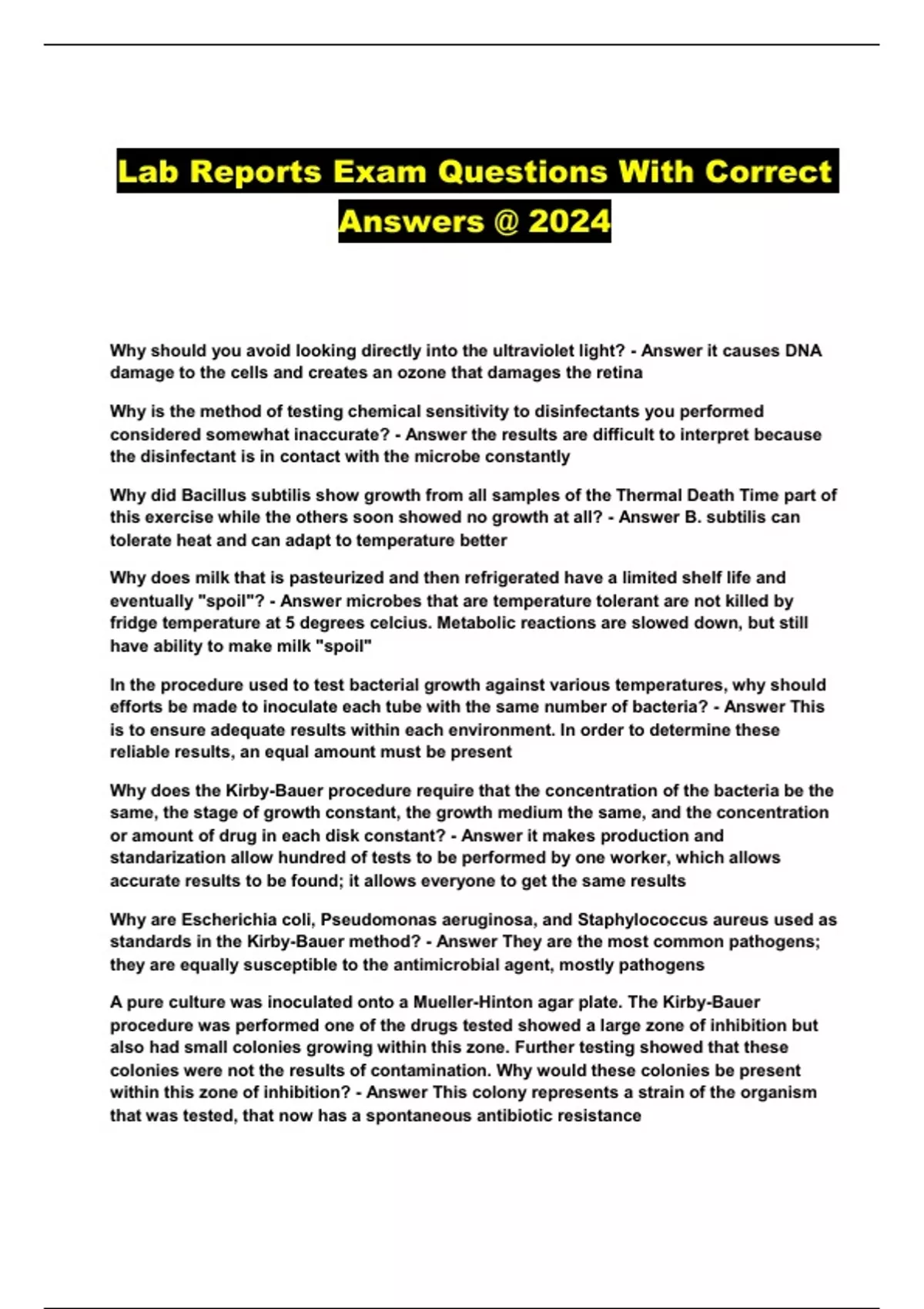 Lab Reports Exam Questions With Correct Answers @ 2024 - Lab Reports ...