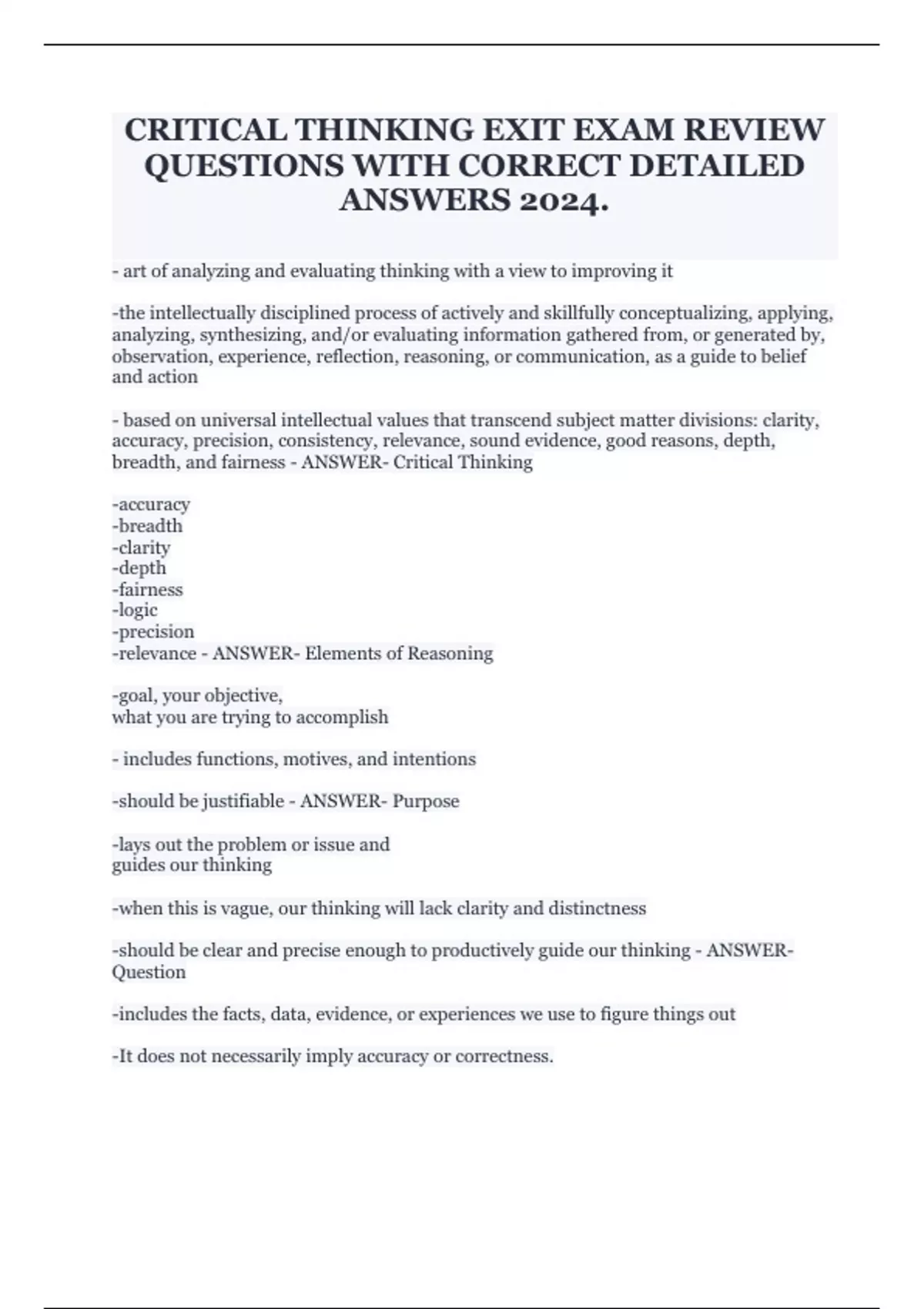 CRITICAL THINKING EXIT EXAM REVIEW QUESTIONS WITH CORRECT DETAILED ...