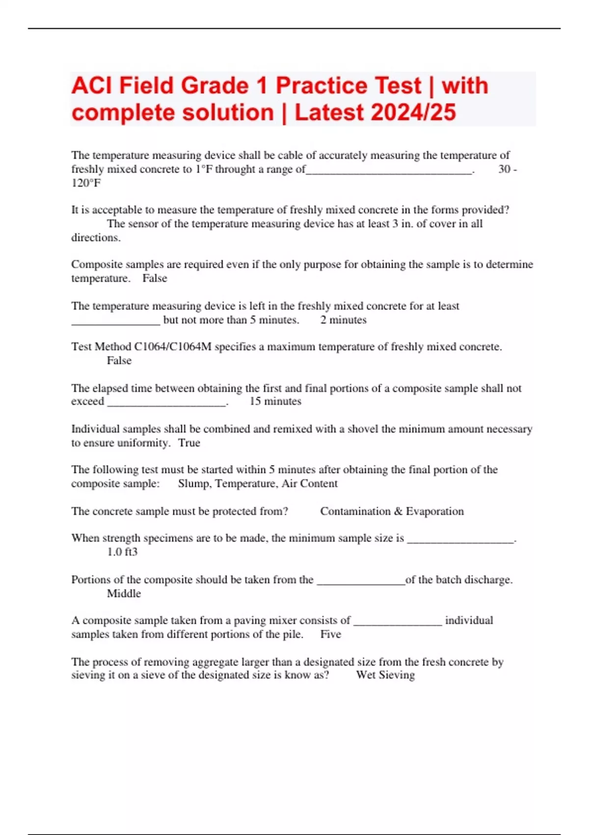 ACI Field Grade 1 Practice Test | with complete solution | Latest 2024/ ...