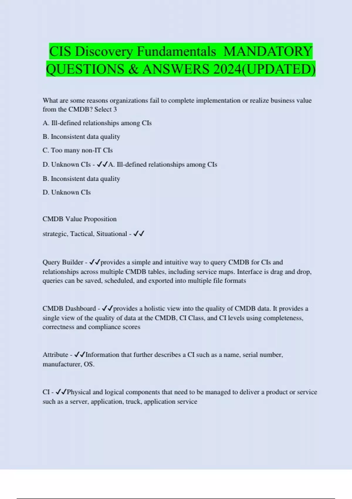 CIS Discovery Fundamentals MANDATORY QUESTIONS & ANSWERS 2024(UPDATED ...