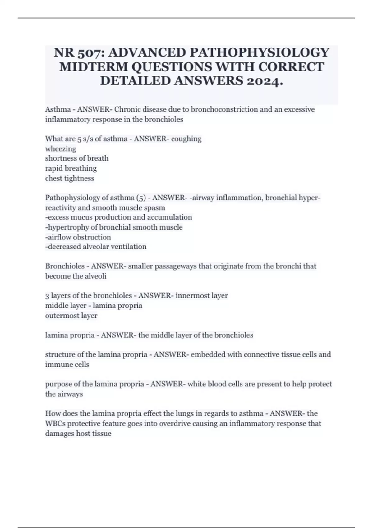 NR 507: ADVANCED PATHOPHYSIOLOGY MIDTERM QUESTIONS WITH CORRECT ...