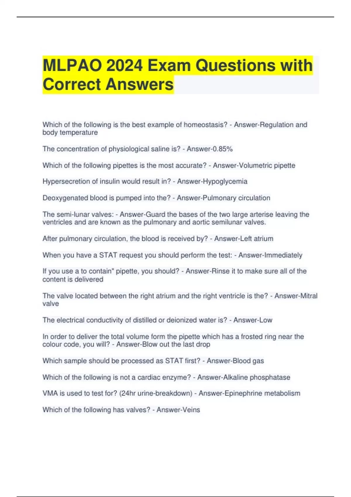 MLPAO 2024 Exam Questions with Correct Answers - MLPAO - Stuvia US