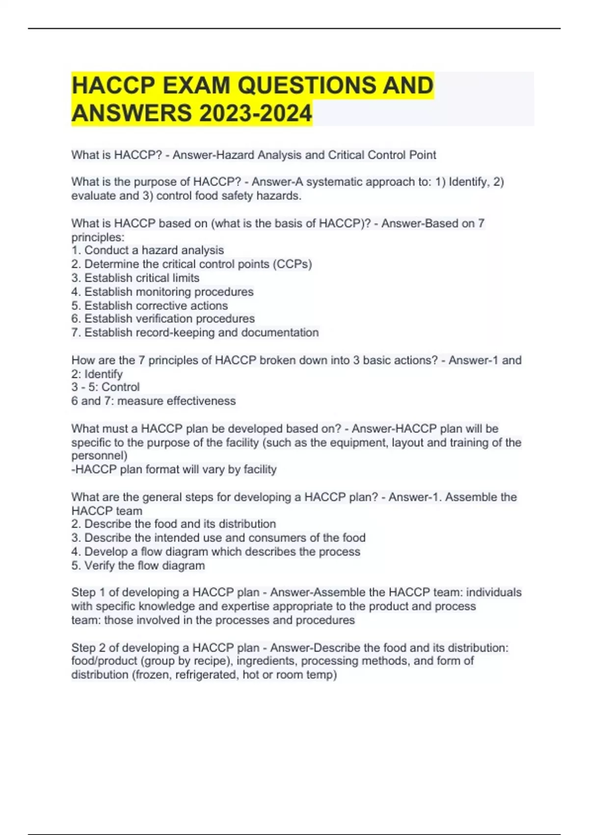 HACCP EXAM QUESTIONS AND ANSWERS - HACCP - Stuvia US
