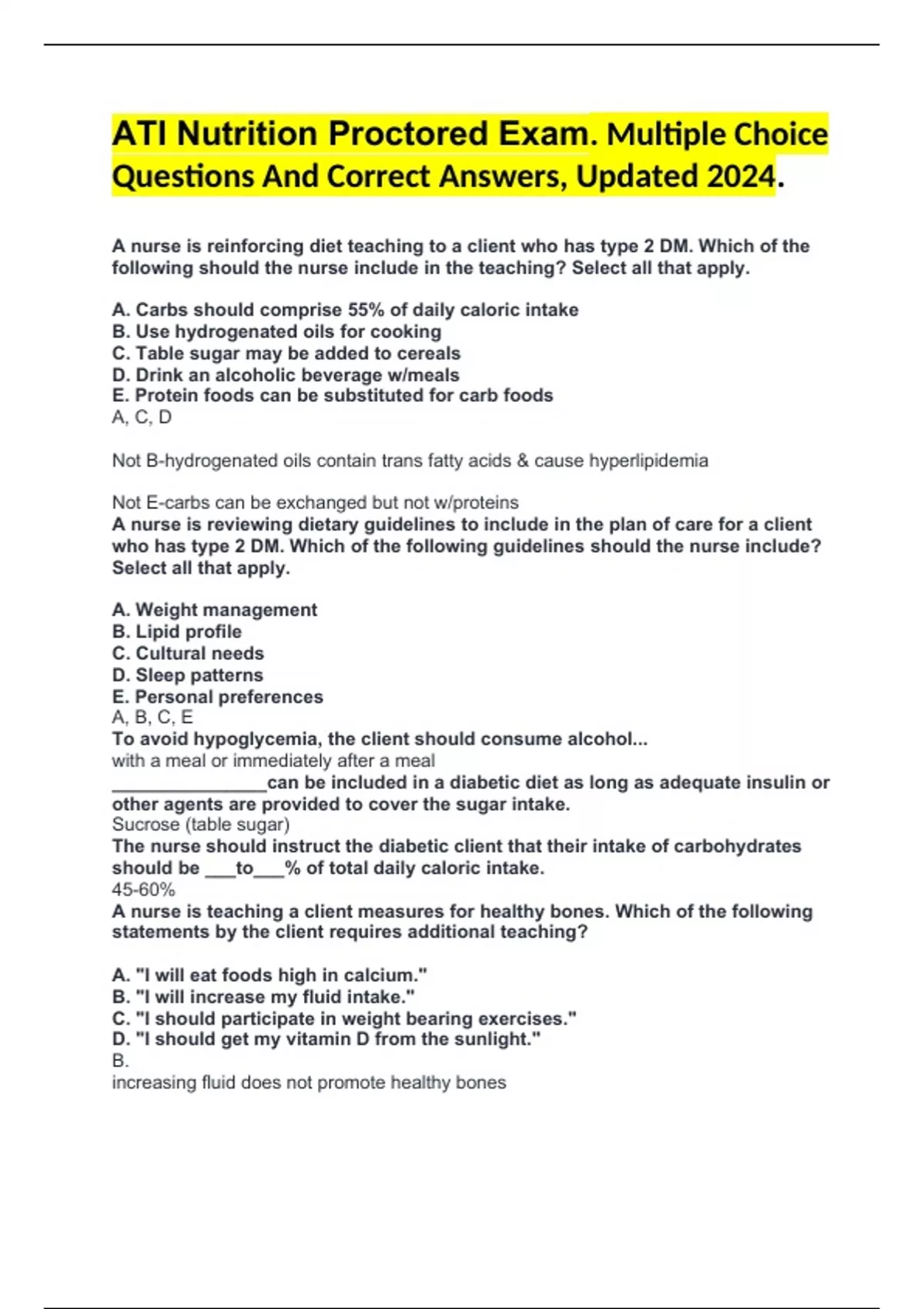 ATI Nutrition Proctored Exam. Multiple Choice Questions And Correct ...