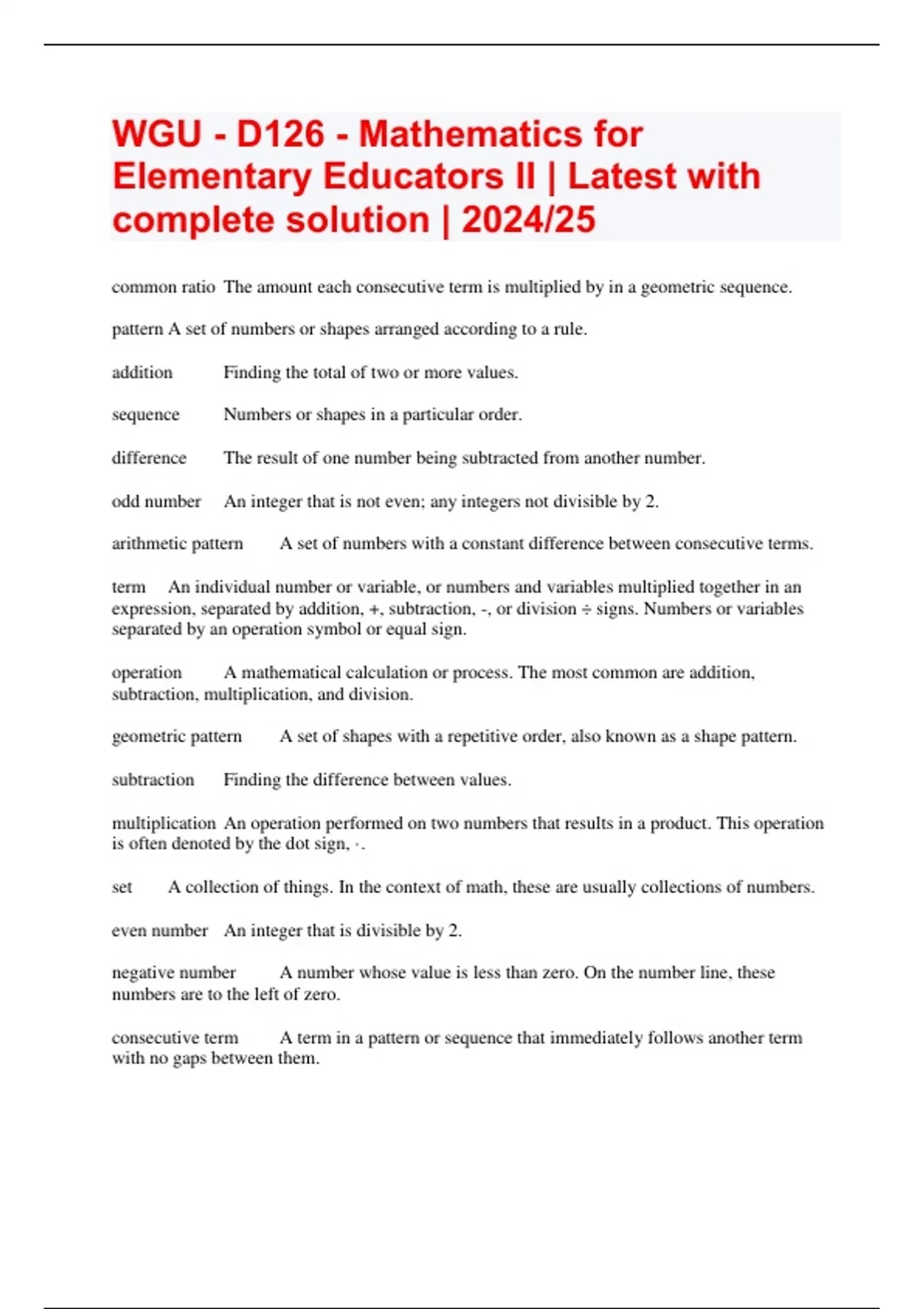 WGU - D126 - Mathematics for Elementary Educators II | Latest with ...
