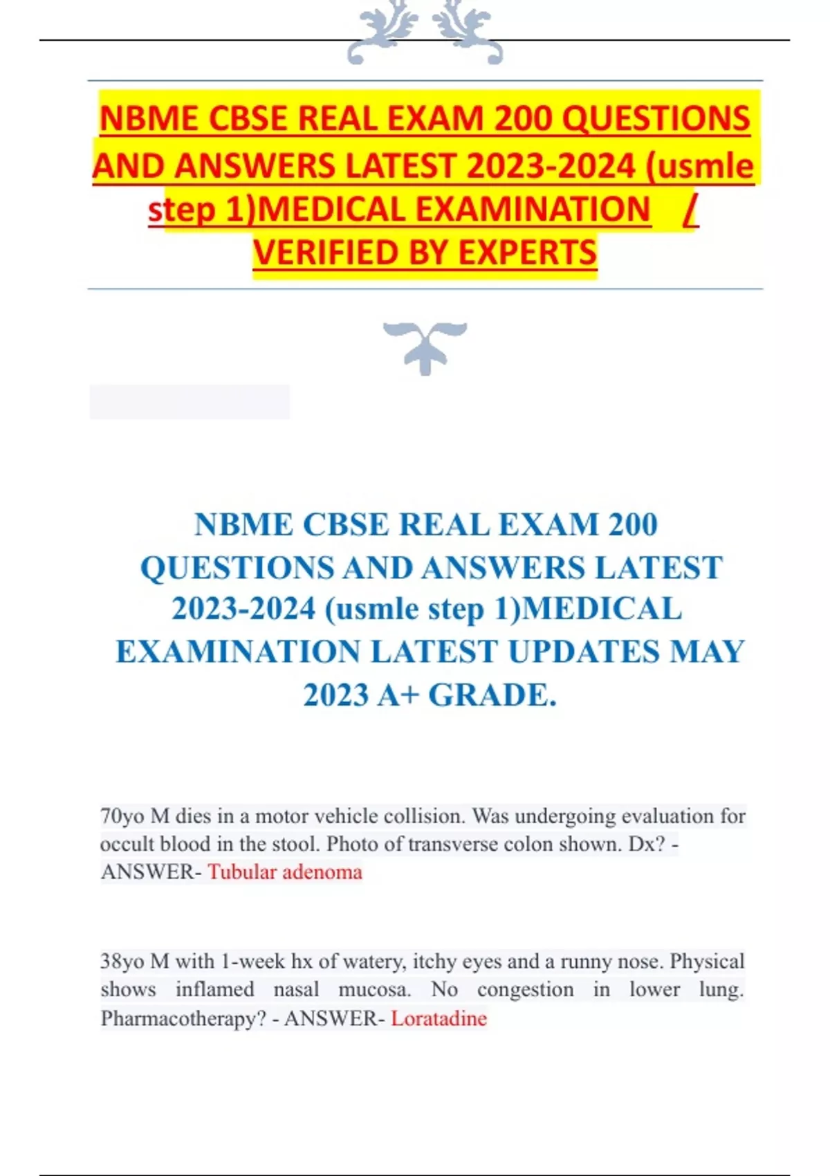 NBME CBSE REAL EXAM 200 QUESTIONS AND ANSWERS LATEST (usmle step 1 ...