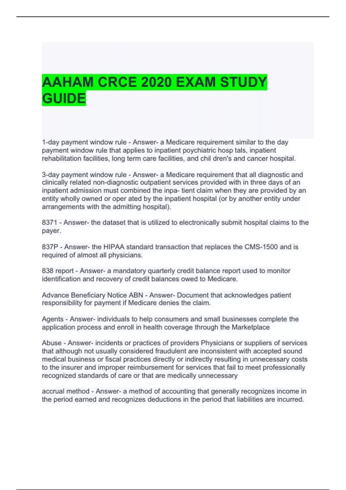 AAHAM CRCE 2020 EXAM STUDY GUIDE LATEST UPDATED - AAHAM CRCS - Stuvia UK