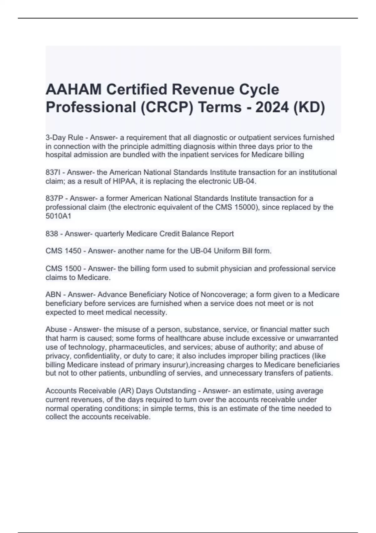 AAHAM Certified Revenue Cycle Professional (CRCP) Terms - 2024 (KD ...