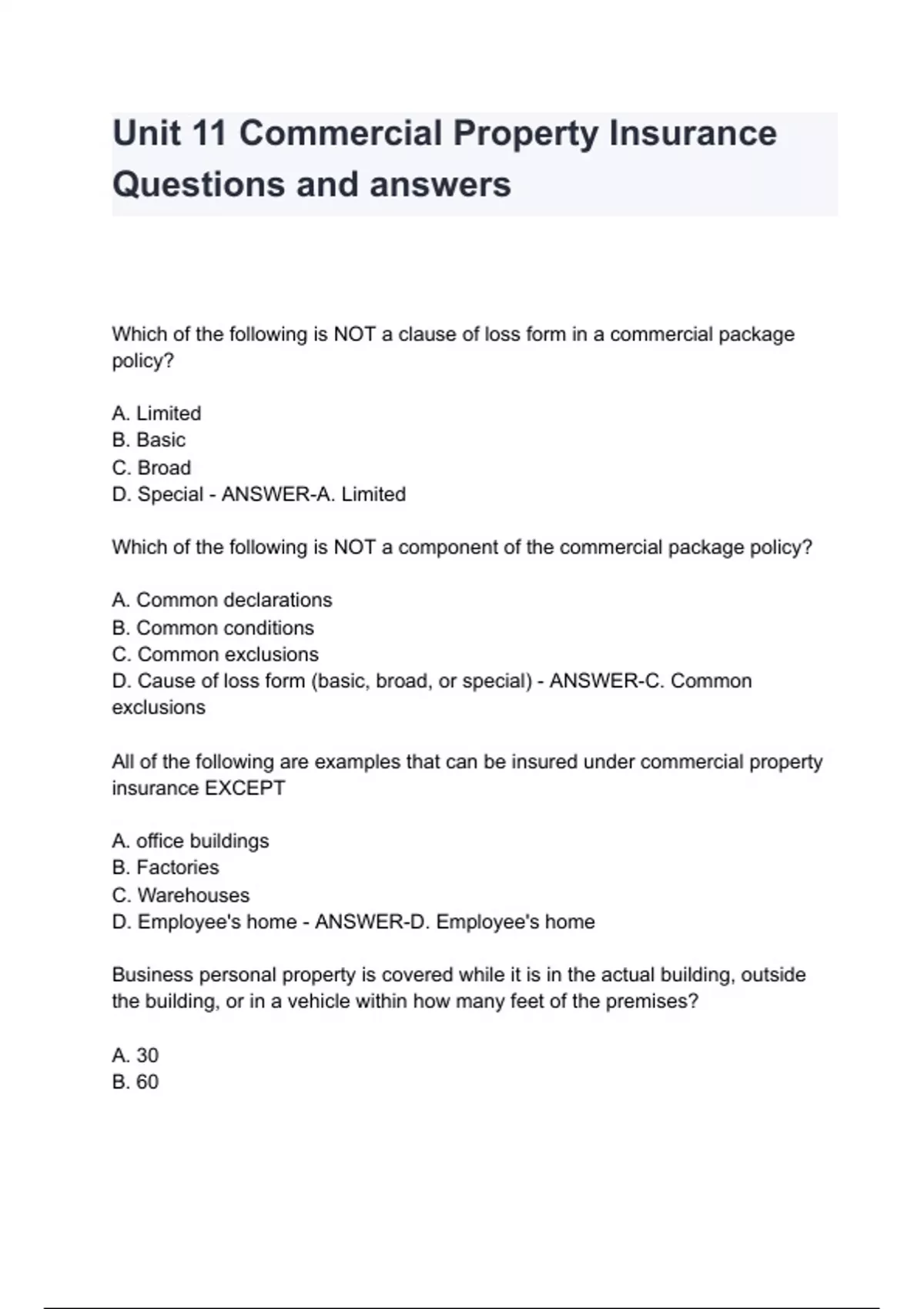 Unit 11 Commercial Property Insurance Questions and answers - Unit 11 ...