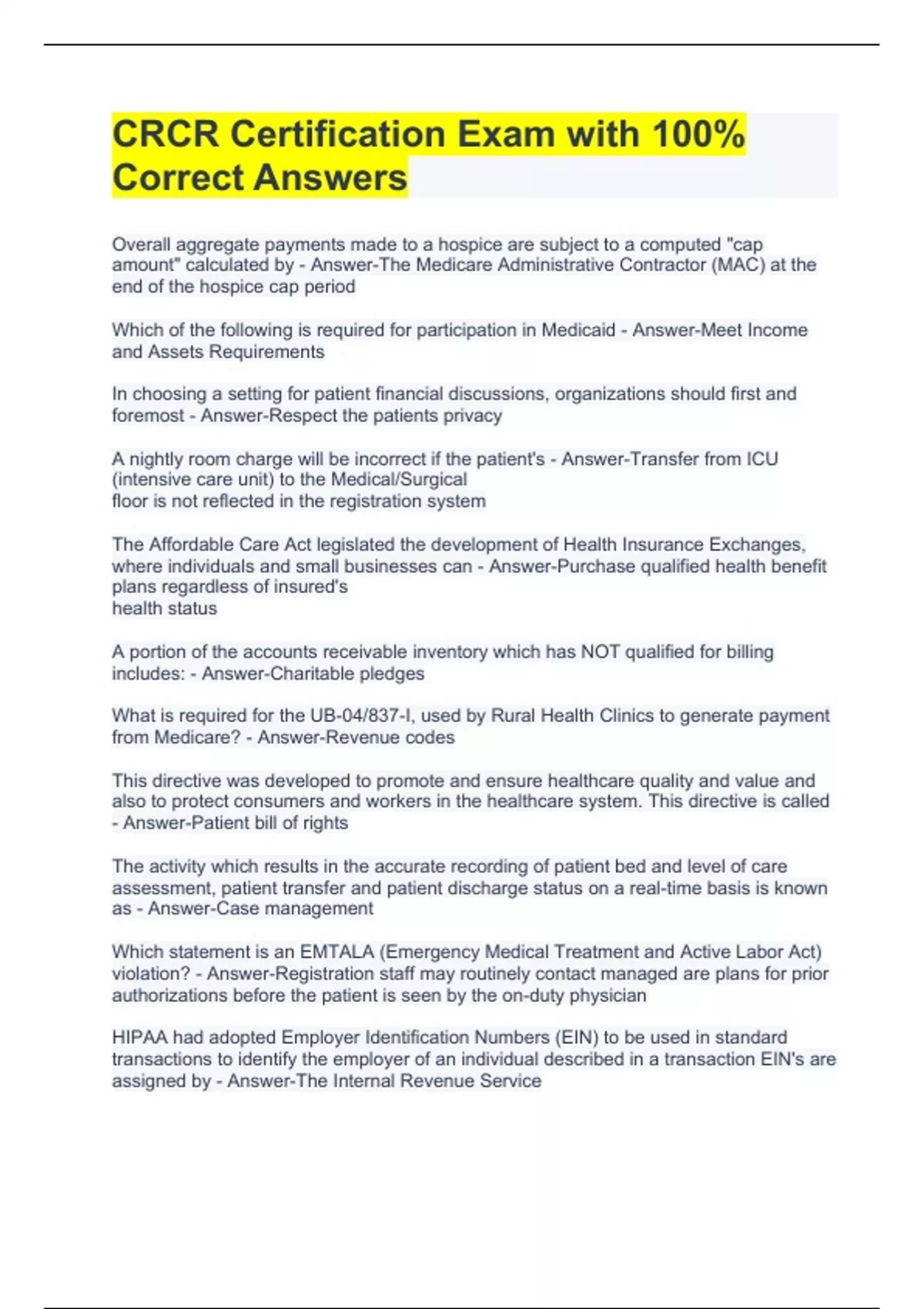 CRCR Certification Exam with 100% Correct Answers - CRCR - Stuvia US