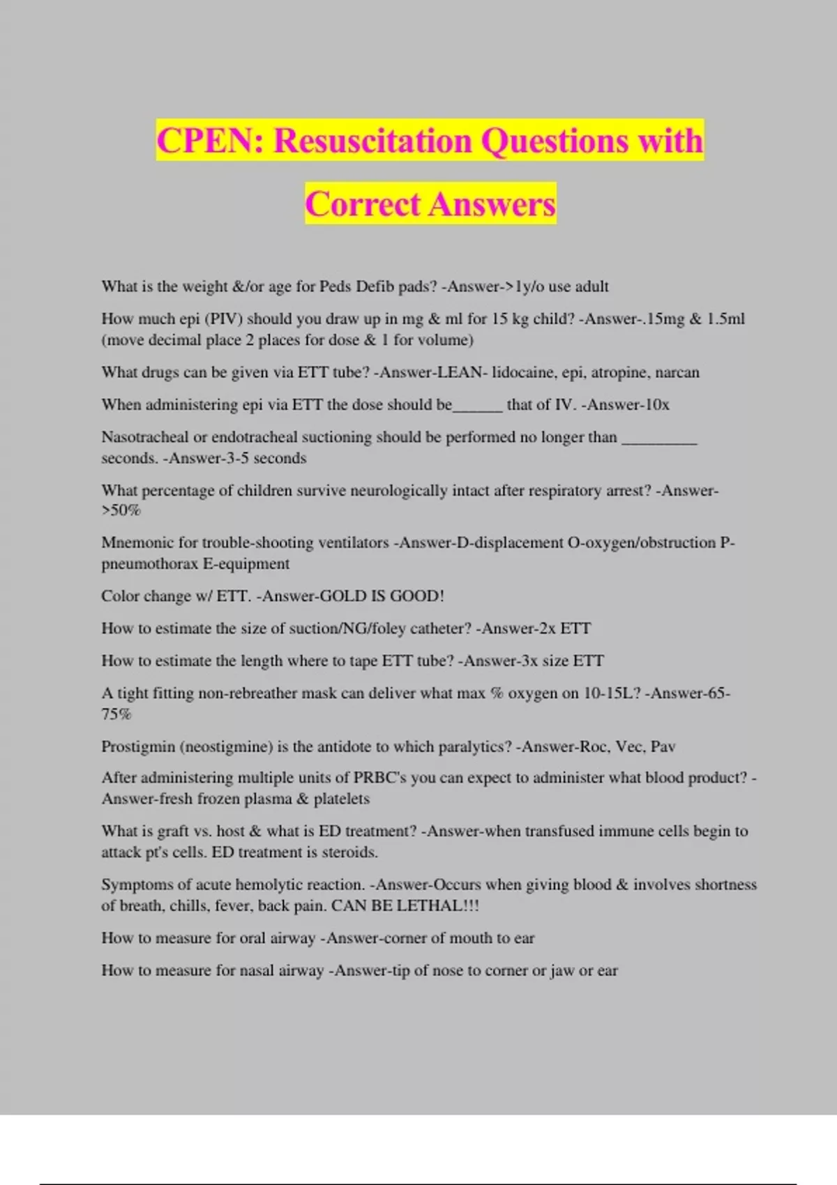 CPEN: Resuscitation Questions with Correct Answers - CPEN - Stuvia US