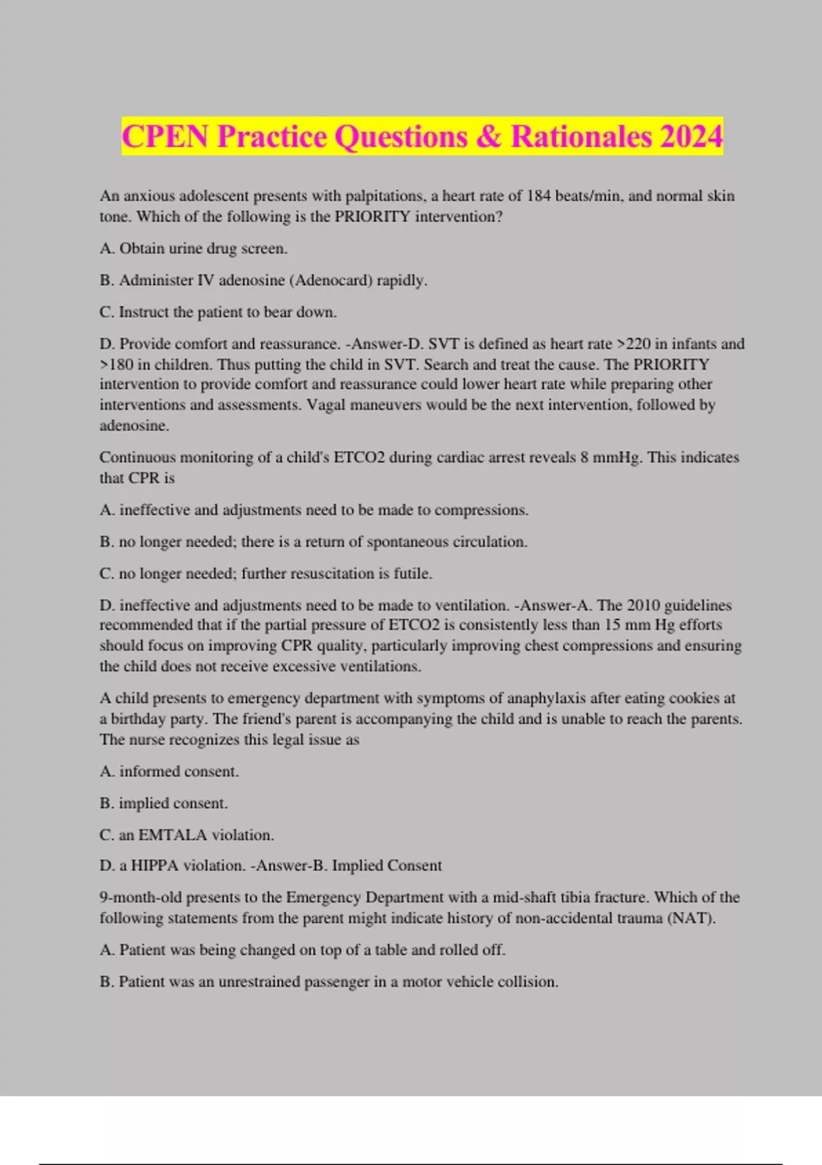 CPEN Practice Questions & Rationales 2024 - CPEN - Stuvia US