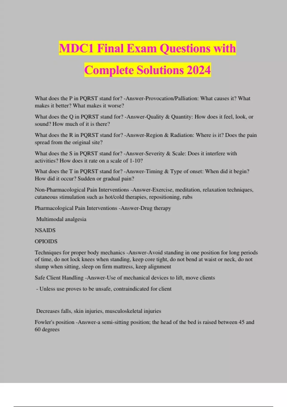 MDC1 Final Exam Questions with Complete Solutions 2024 - Multidimensional Care 1 - Stuvia US