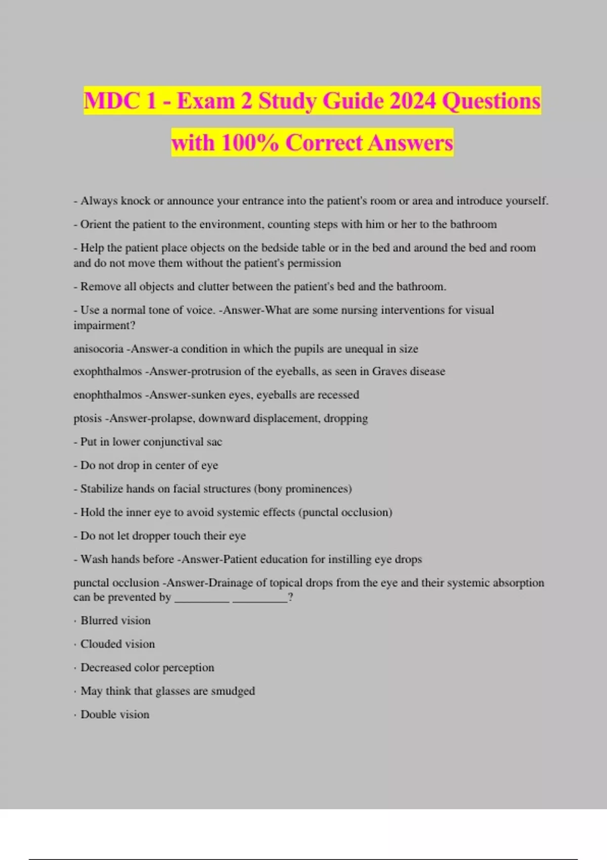 MDC 1 - Exam 2 Study Guide 2024 Questions with 100% Correct Answers ...