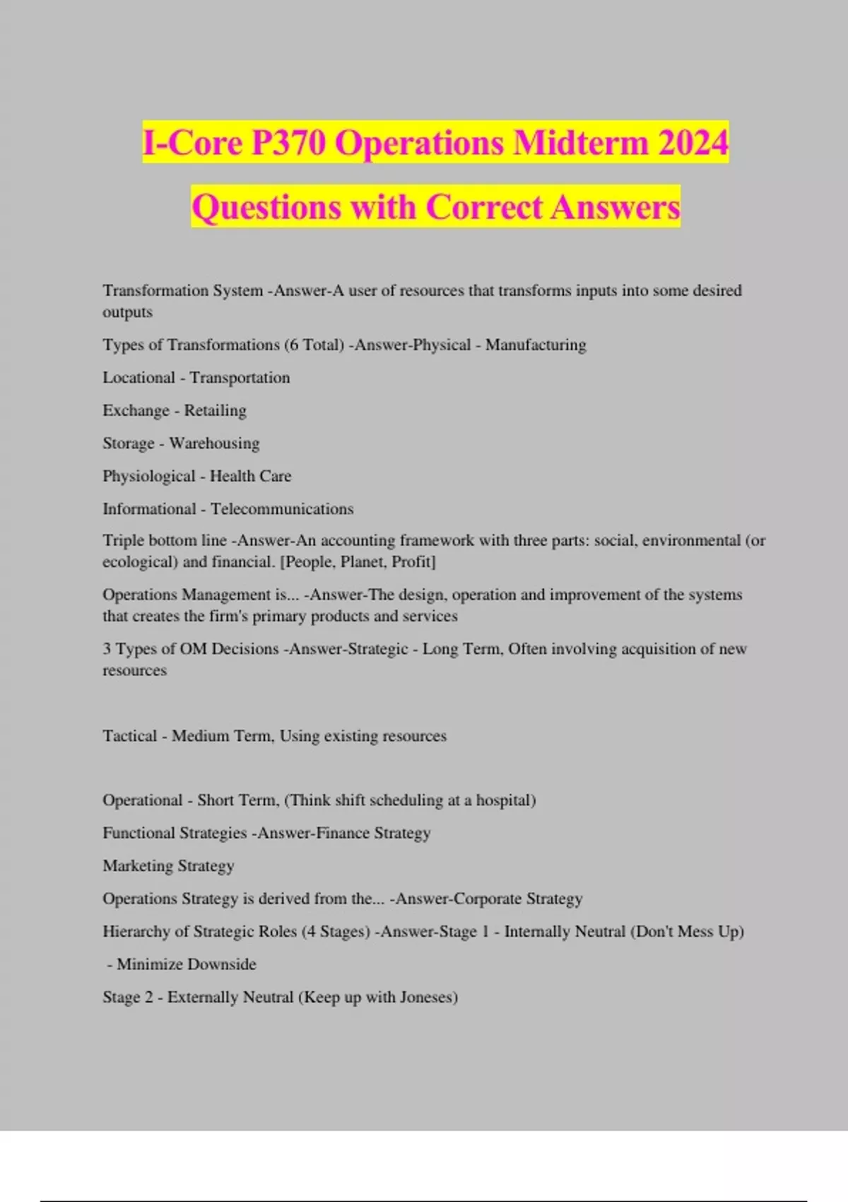 I-Core P370 Operations Midterm 2024 Questions with Correct Answers ...