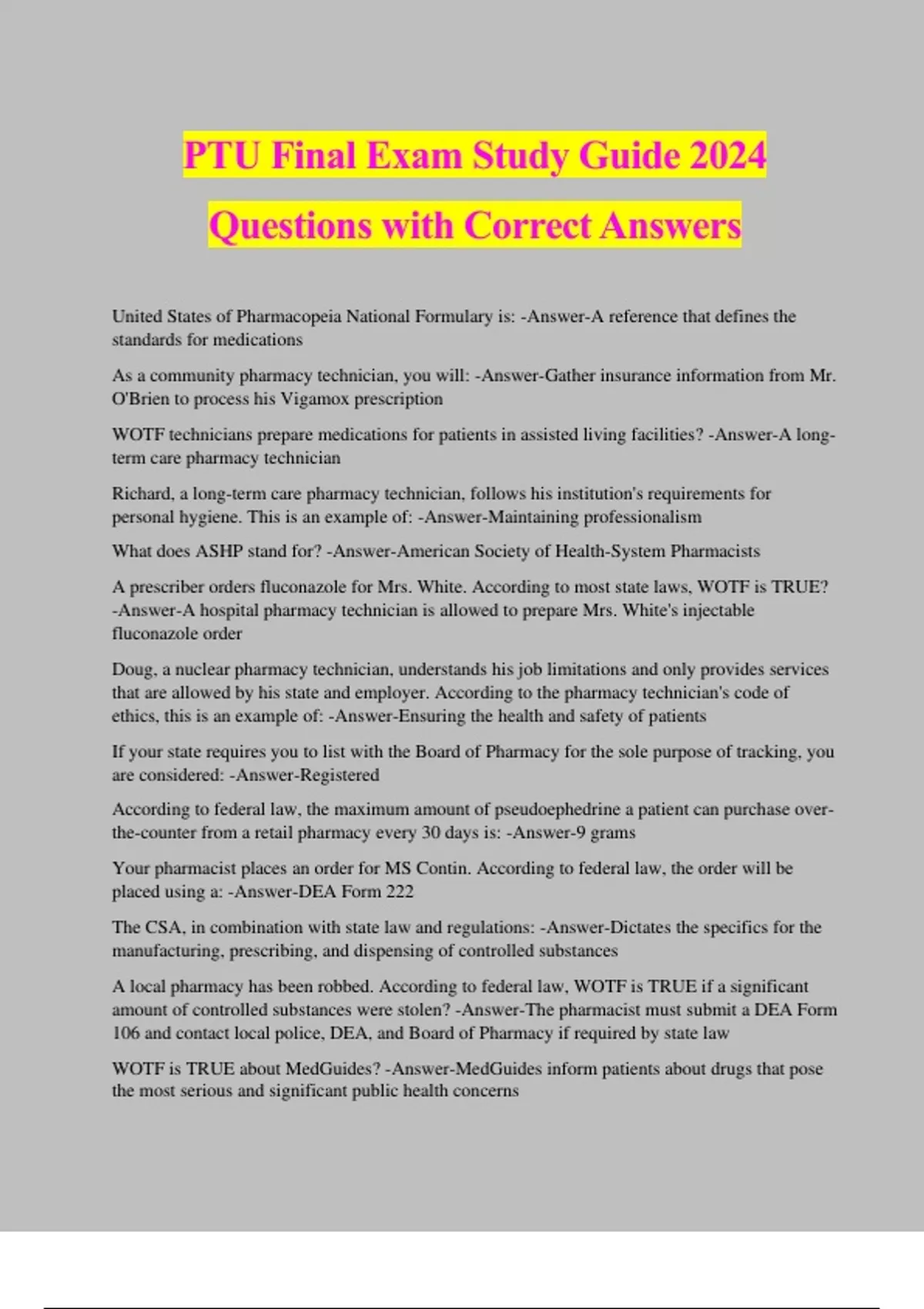 PTU Final Exam Study Guide 2024 Questions with Correct Answers - PTU - Stuvia US