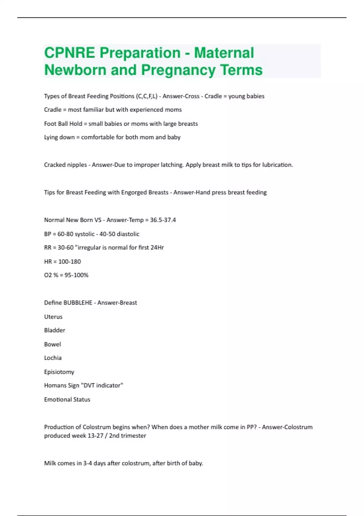 CPNRE Preparation - Maternal Newborn and Pregnancy Terms Questions ...