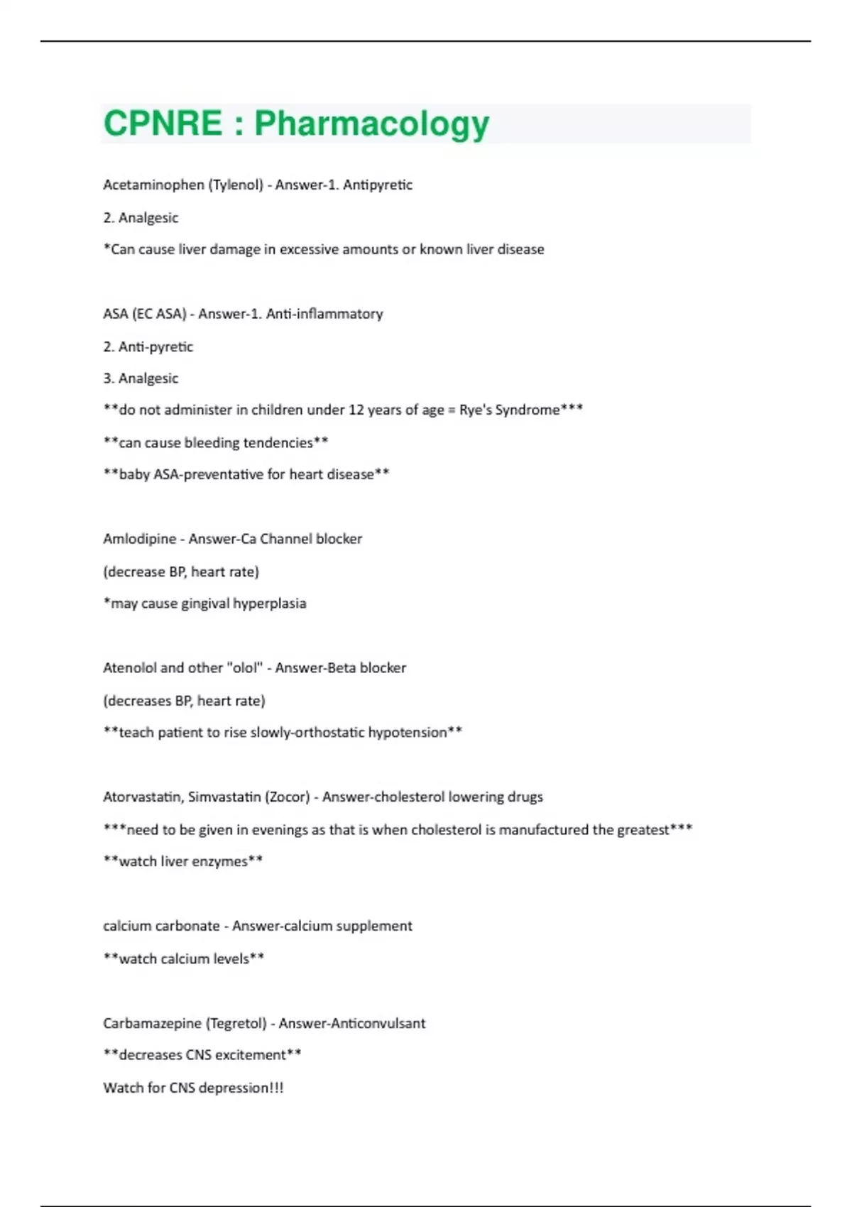 CPNRE : Pharmacology Questions and Answers(A+ Solution guide) - CPNRE ...