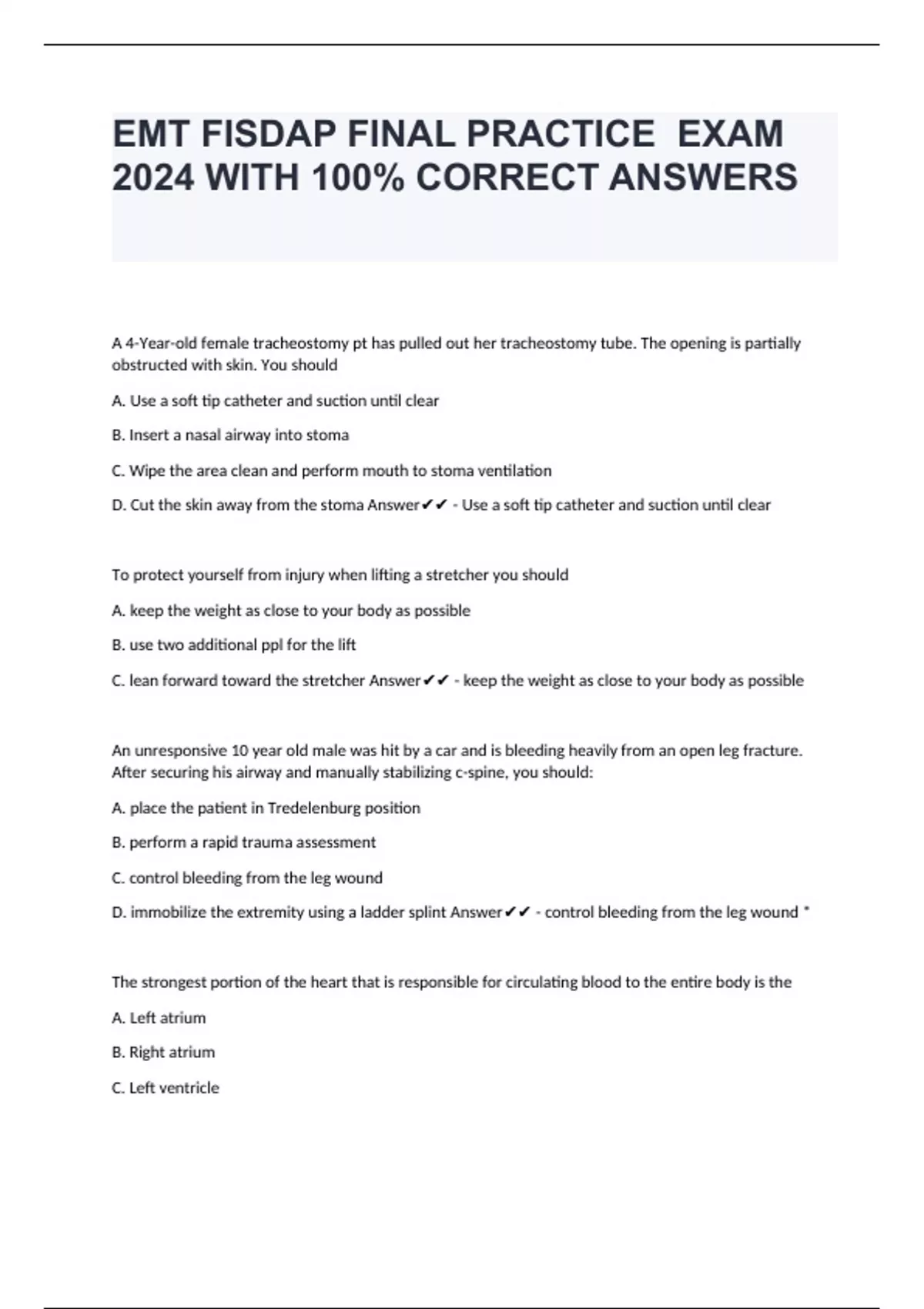 EMT FISDAP FINAL PRACTICE EXAM 2024 WITH 100% CORRECT ANSWERS - EMT FISDAP - Stuvia US