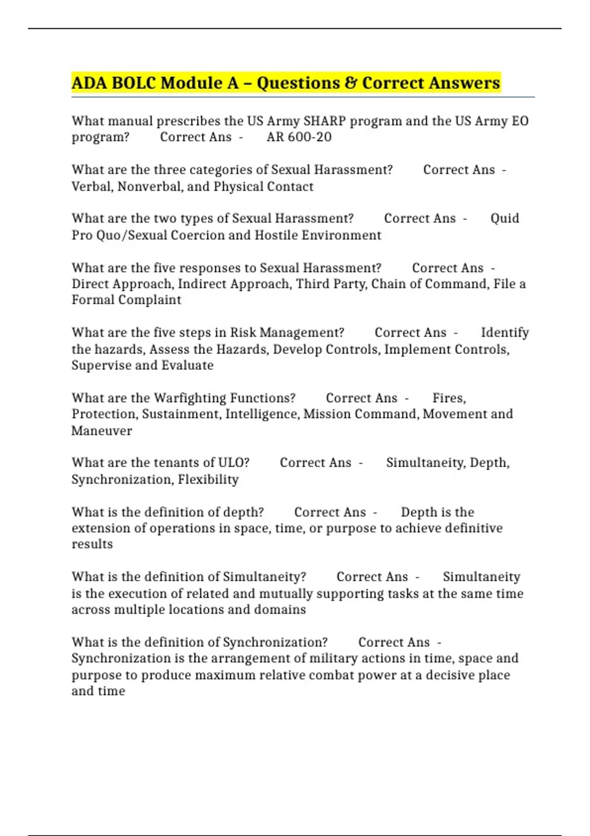 ADA BOLC Module A – Questions & Correct Answers - BOLC - Stuvia US