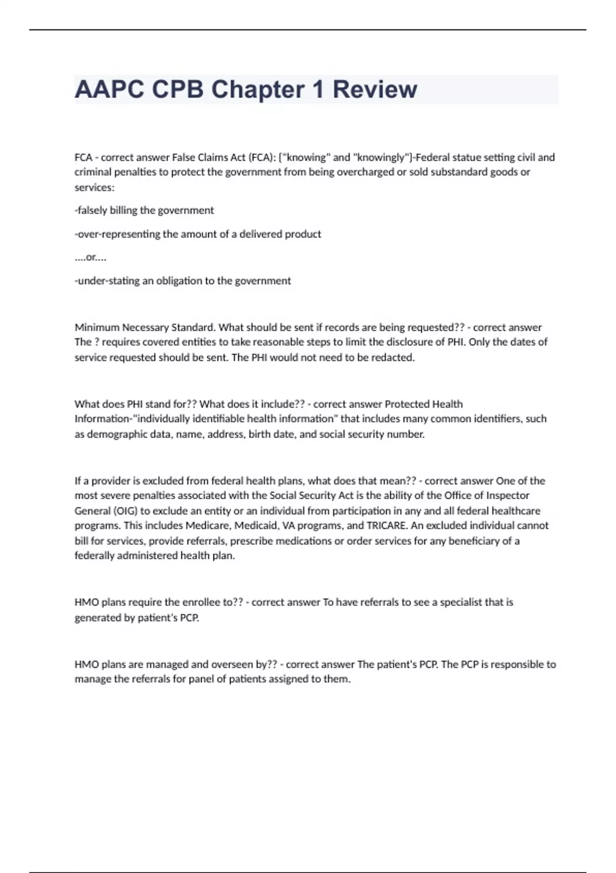 AAPC CPB Chapter 1-5 study guide 2023/2024 - AAPC CPB - Stuvia US