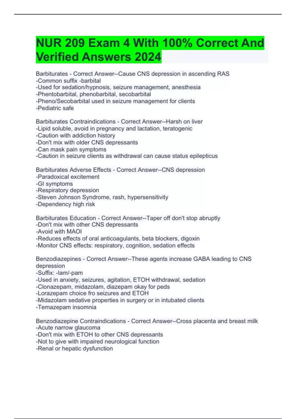 NUR 209 Exam 4 With 100% Correct And Verified Answers 2024 - NUR 209 - Stuvia US