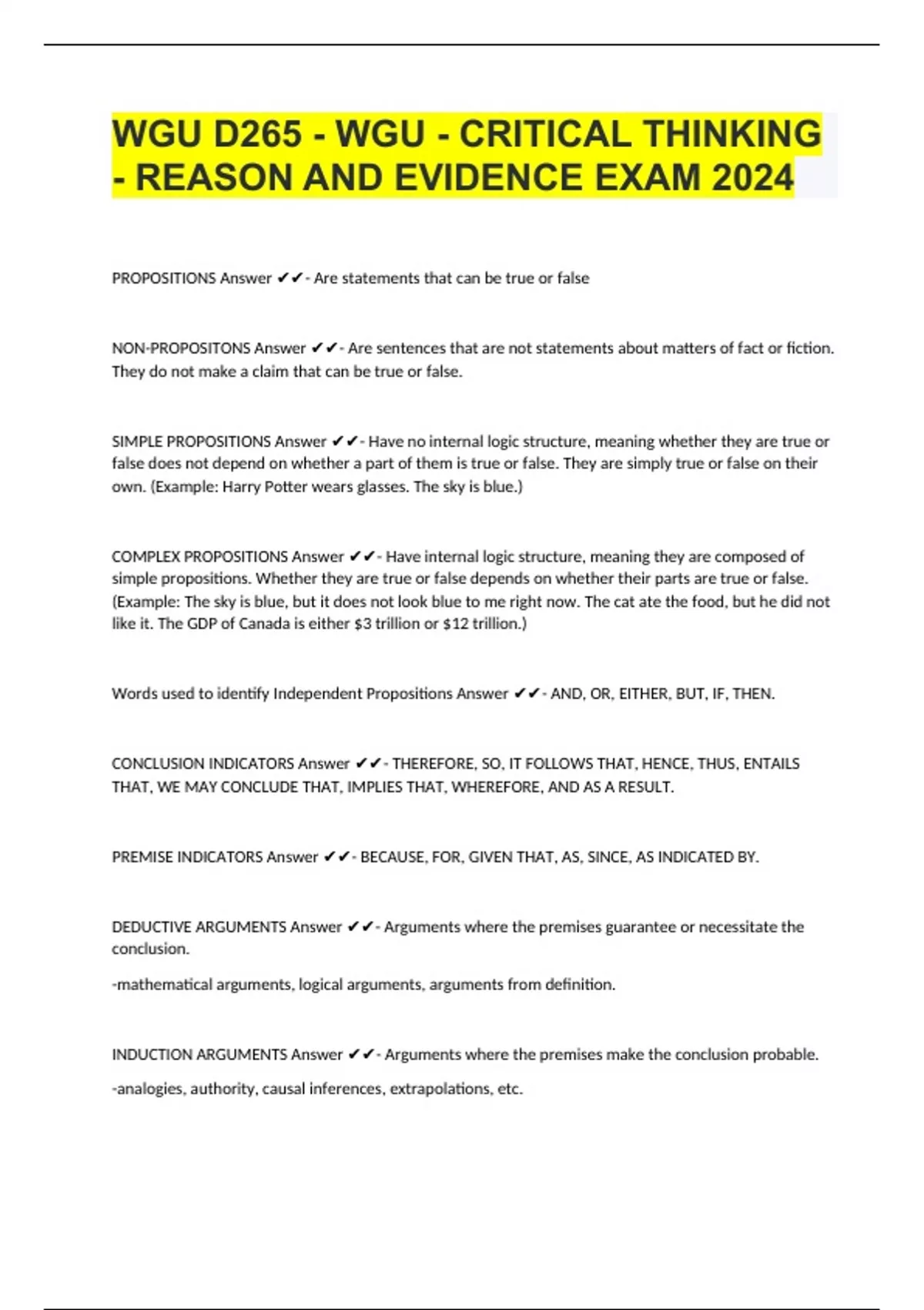 WGU D265 CRITICAL THINKING: REASON AND EVIDENCE EXAM 2024 WITH 100% ...