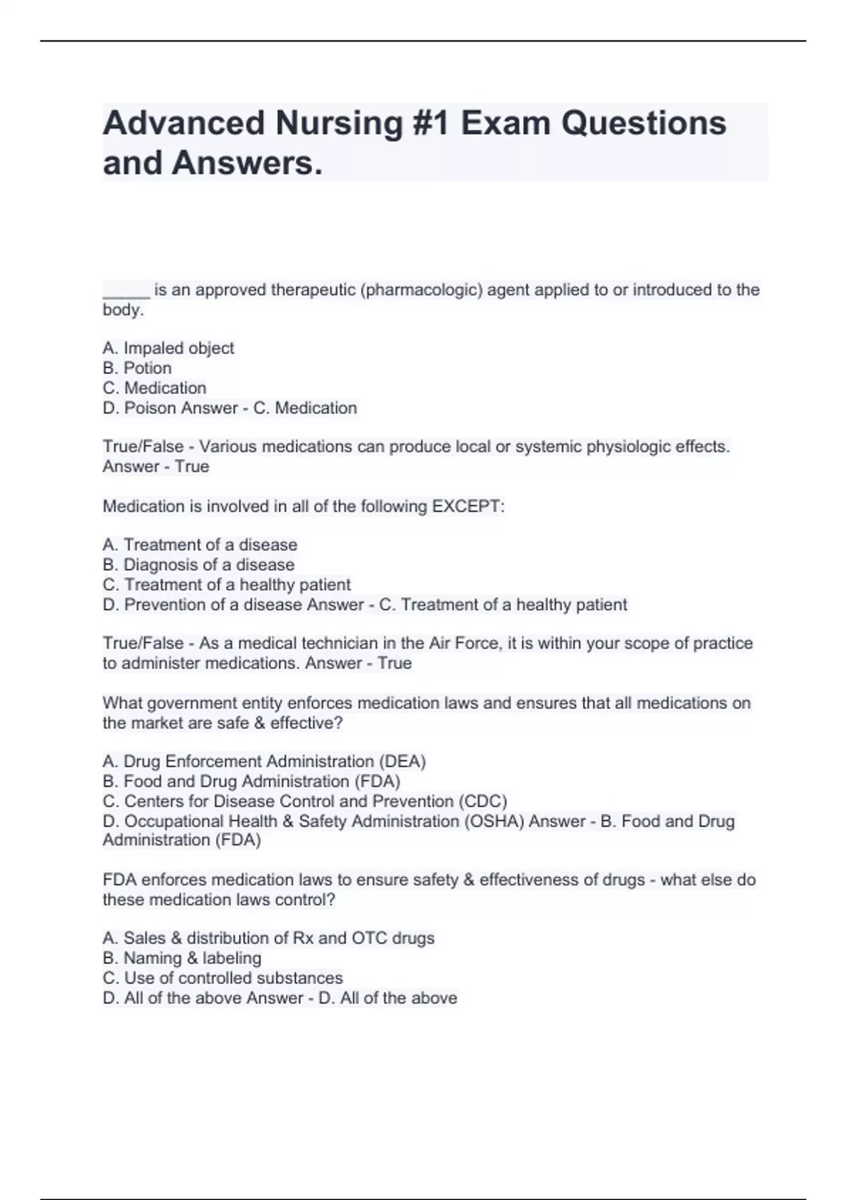 Advanced Nursing #1 Exam Questions and Answers - Advanced nursing ...