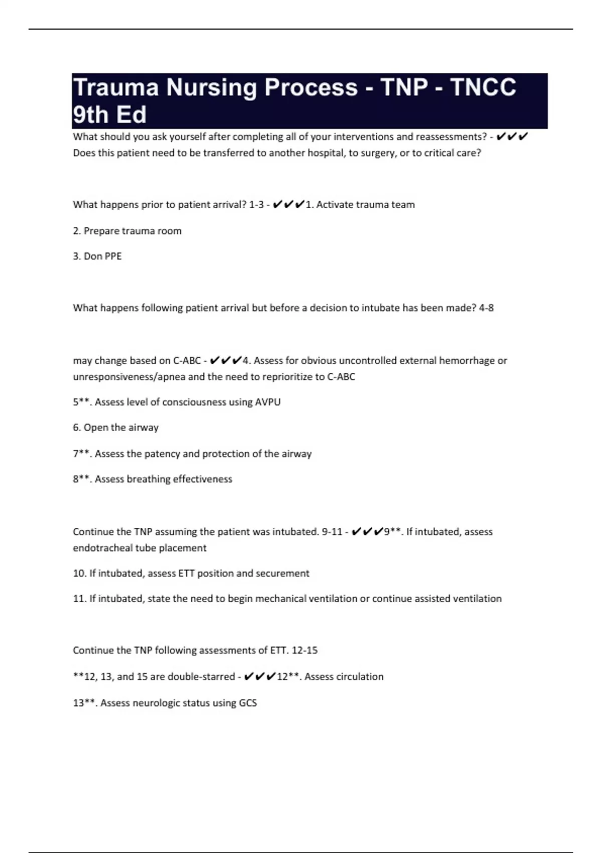 Trauma Nursing Process - TNP - TNCC 9th Ed - TNCC-Trauma Nursing Core Course - Stuvia US