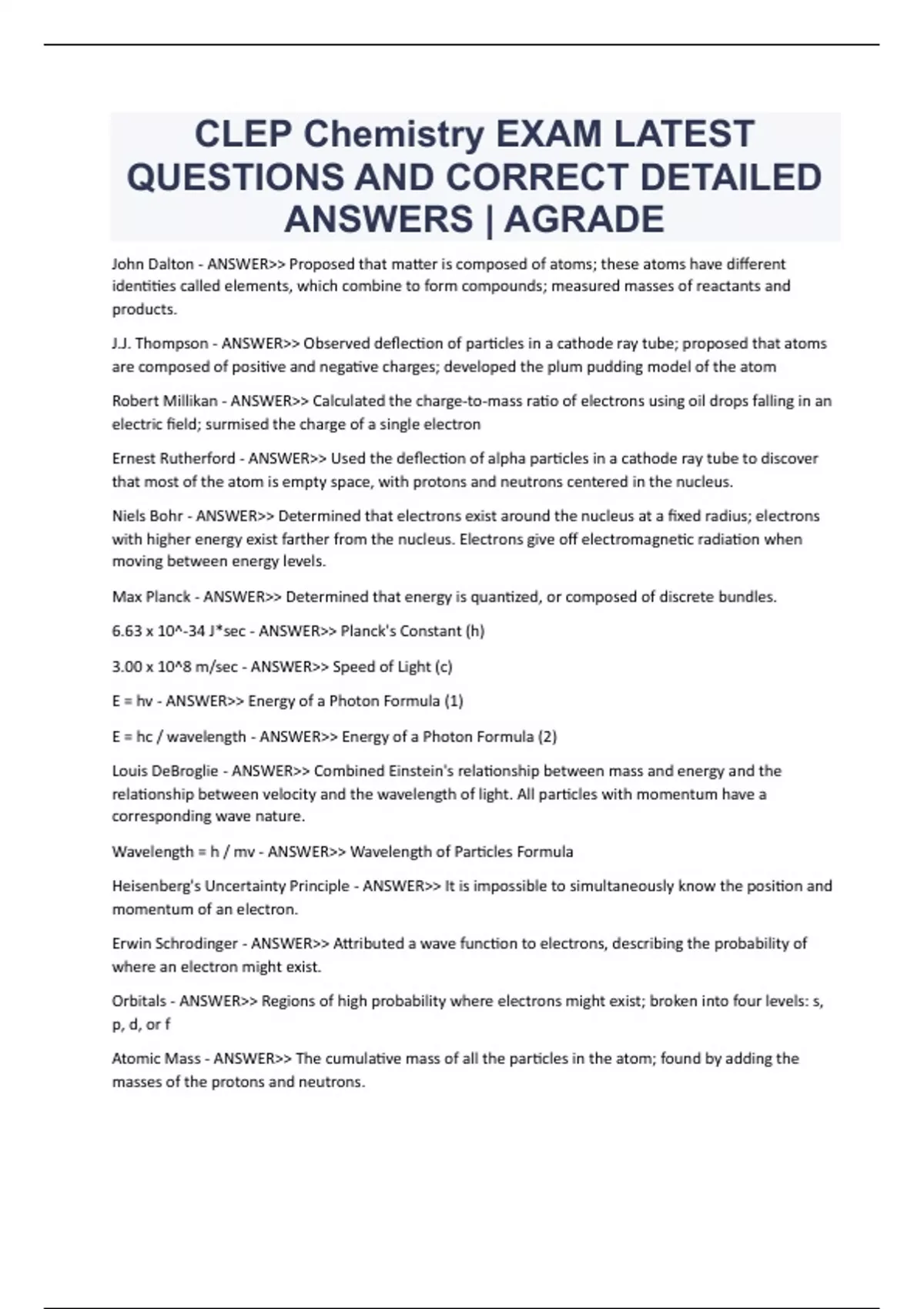 CLEP Chemistry EXAM LATEST QUESTIONS AND CORRECT DETAILED ANSWERS ...