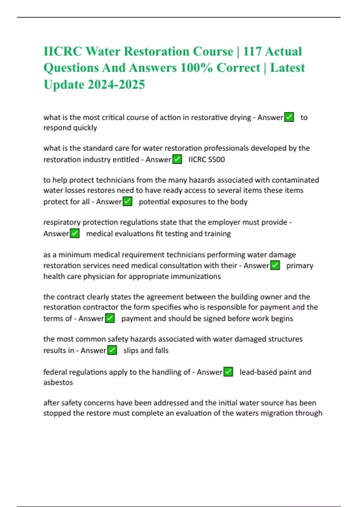 IICRC Water Restoration Course | 117 Actual Questions And Answers 100% ...