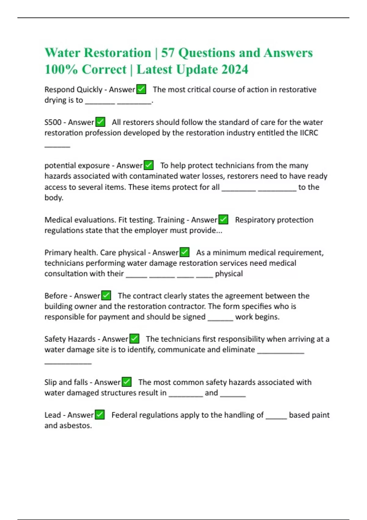 Water Restoration | 57 Questions and Answers 100% Correct | Latest ...