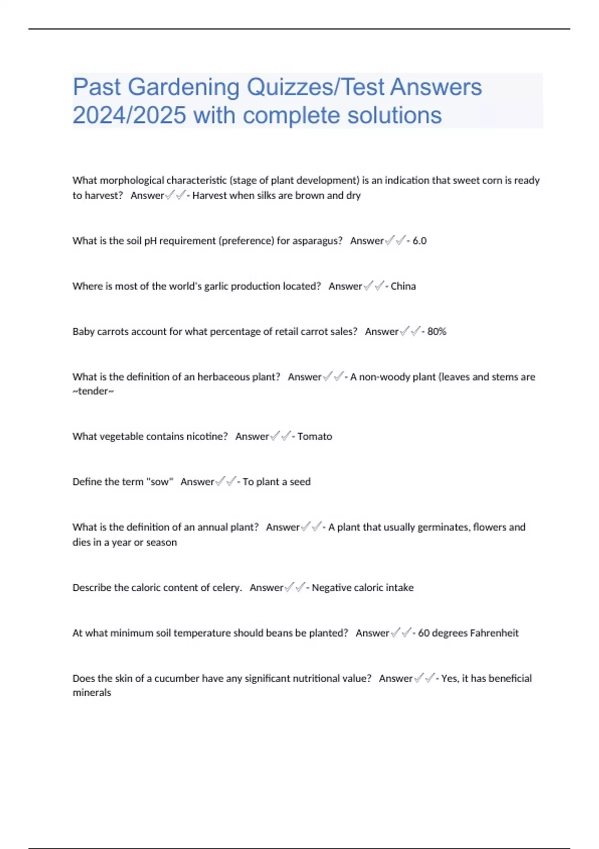 Past Gardening Quizzes/Test Answers 2024/2025 with complete solutions ...