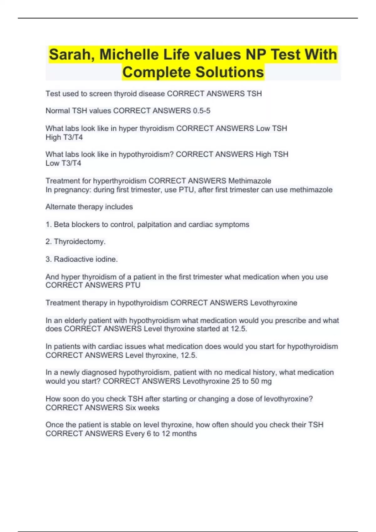 Sarah, Michelle Life values NP Test With Complete Solutions - Sarah ...