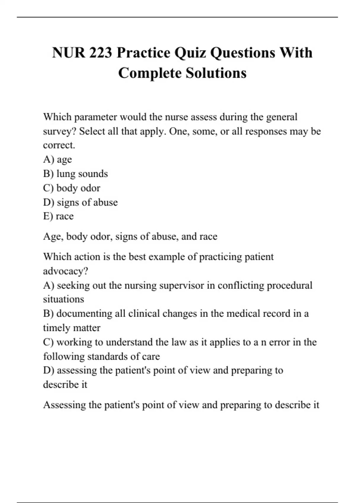 NUR 223 Practice Quiz Questions With Complete Solutions - NUR 223 ...