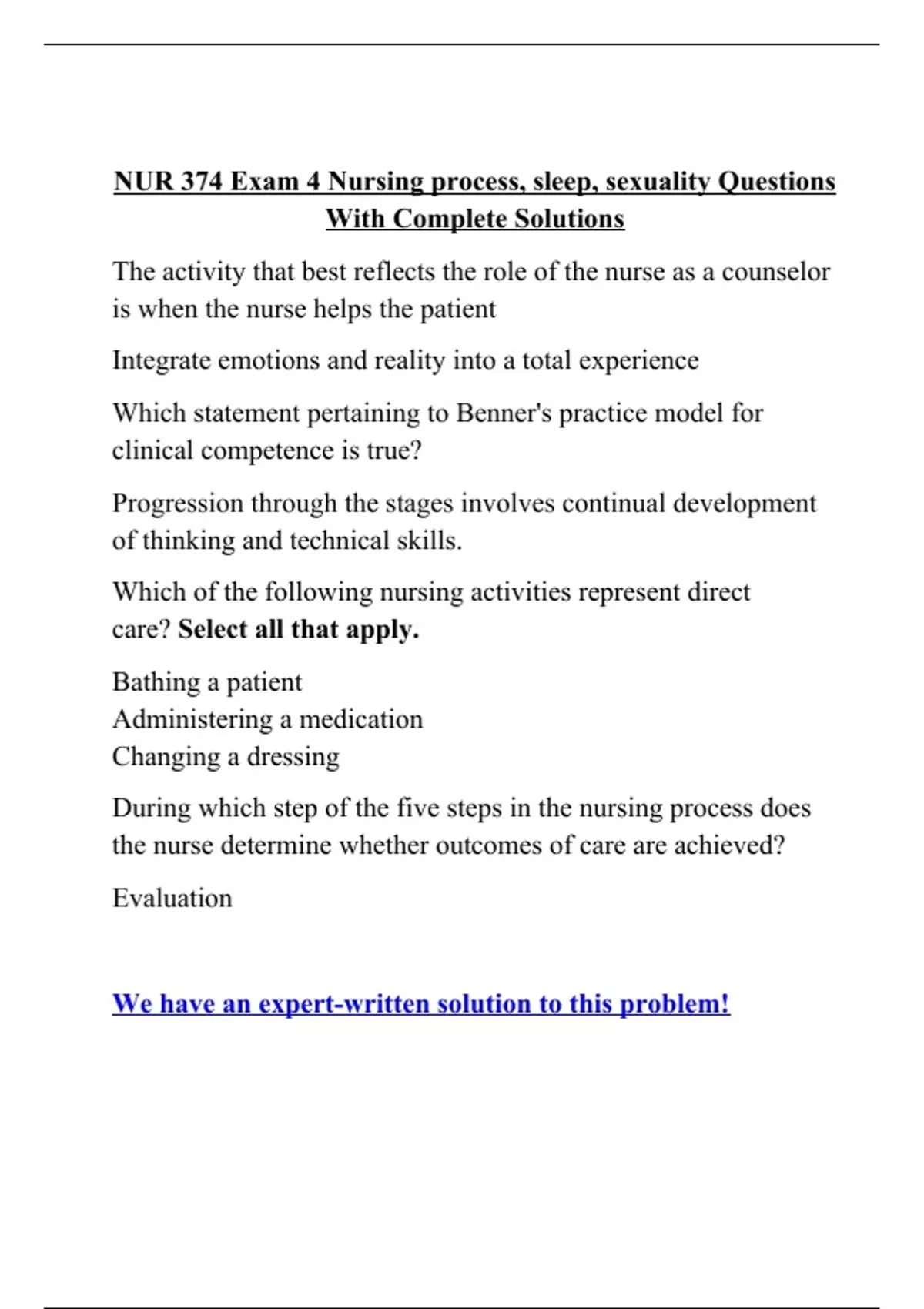 NUR 374 Exam 4 Nursing process, sleep, sexuality Questions With ...