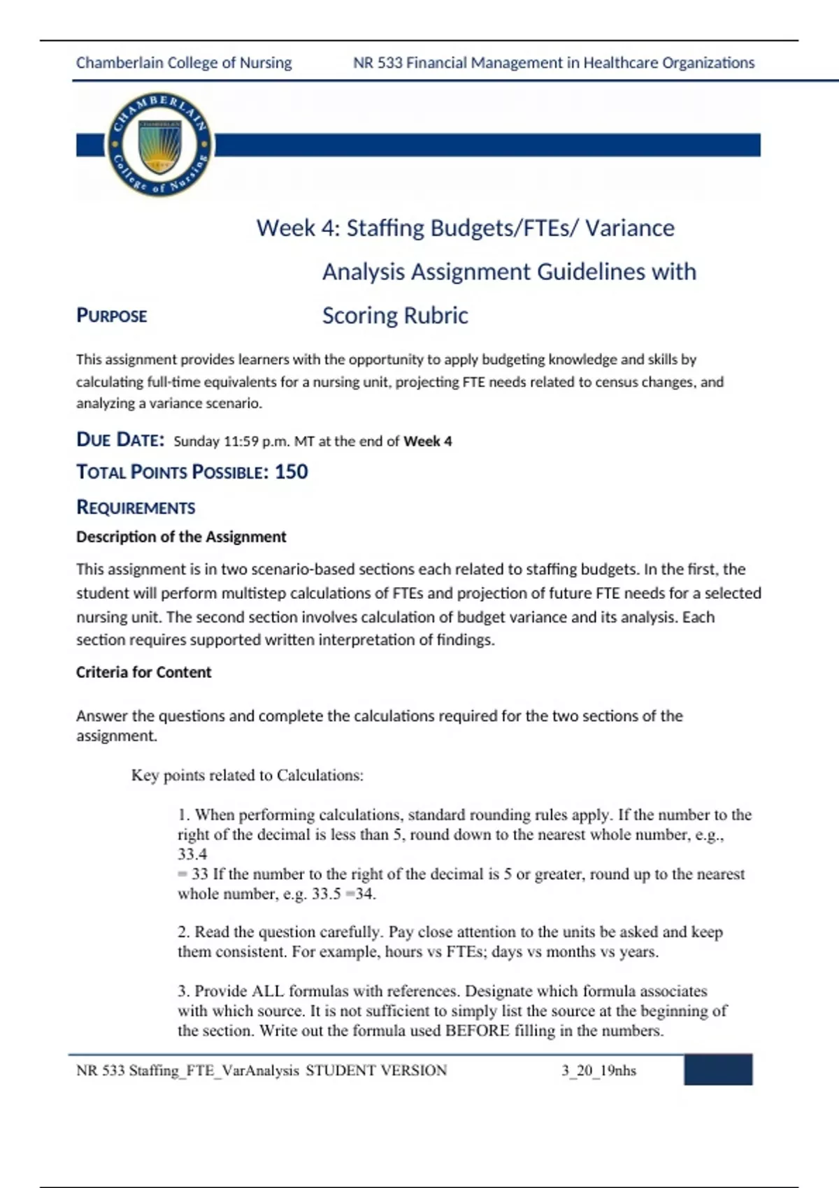 Nr 533 -Week 4: Staffing Budgets/FTEs/ Variance Analysis Assignment ...