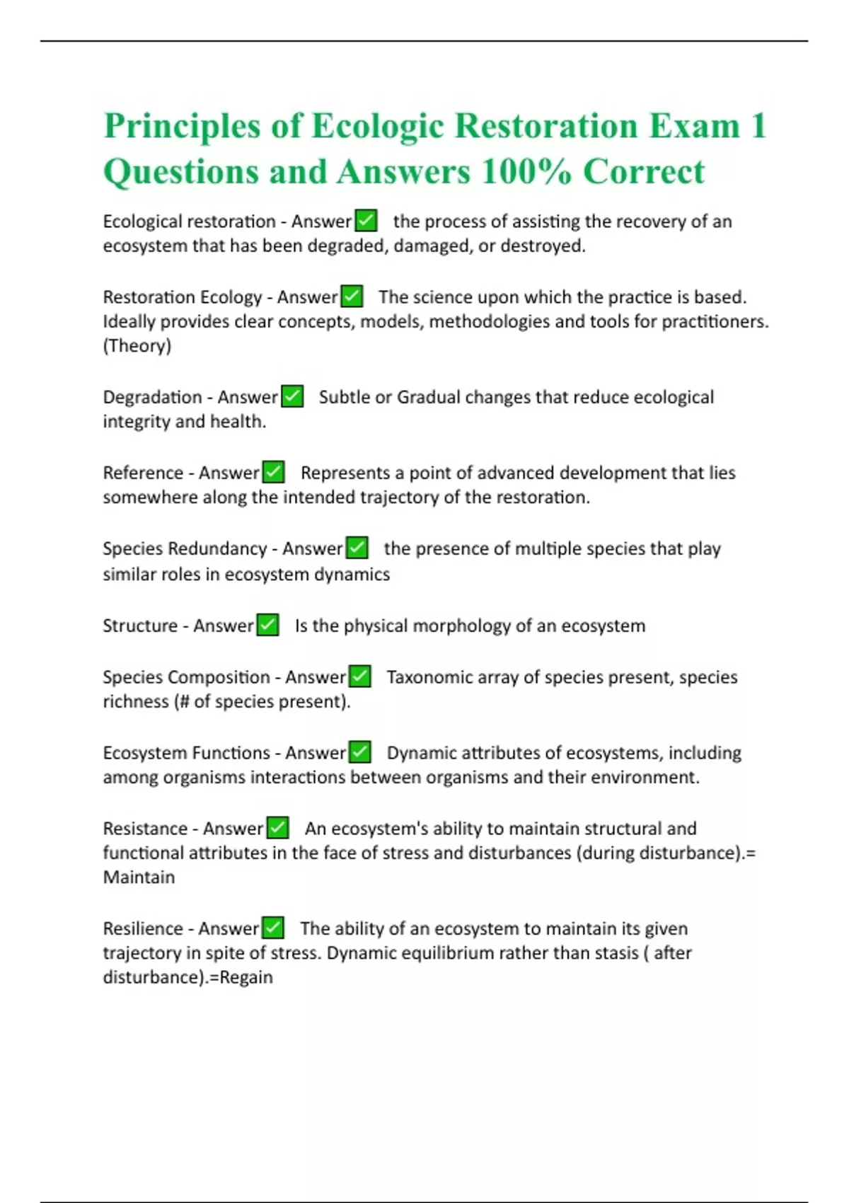 Principles of Ecologic Restoration Exam 1 Questions and Answers 100% ...