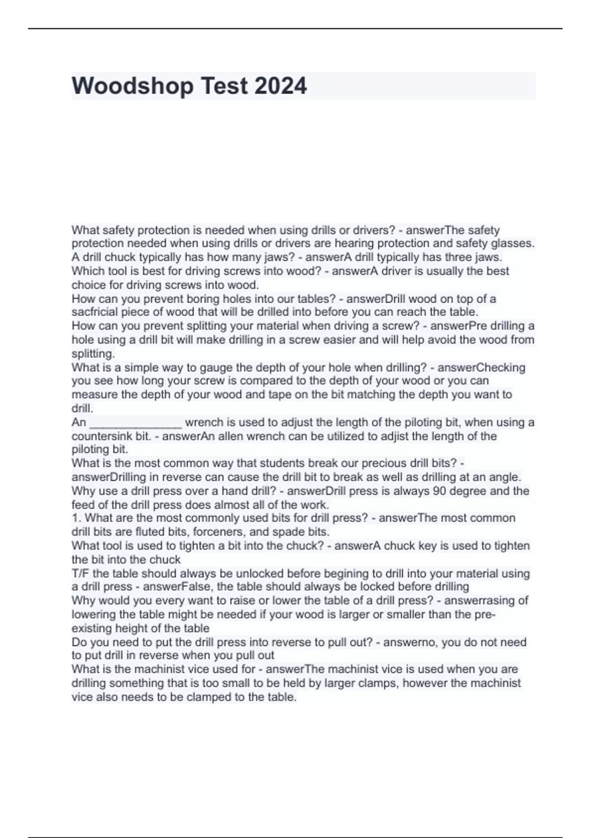 Woodshop Test 2024 Questions and Answers 100% Accurate - Woodshop ...