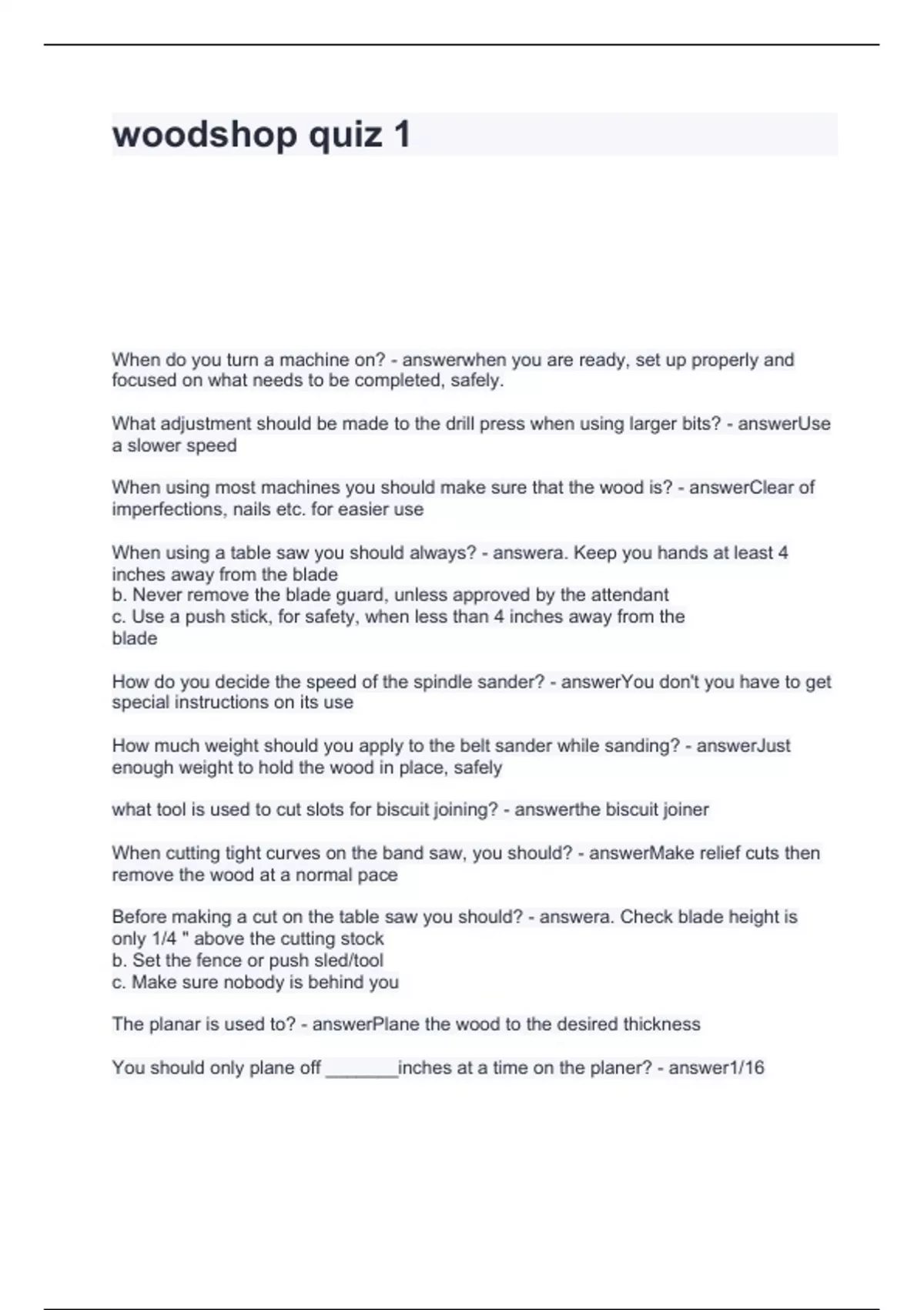 woodshop quiz 1 Questions with correct Answers 2024 - Woodshop - Stuvia US