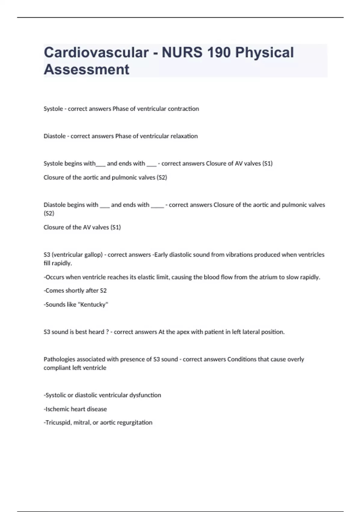 Cardiovascular - NURS 190 Physical Assessment Question and answers ...