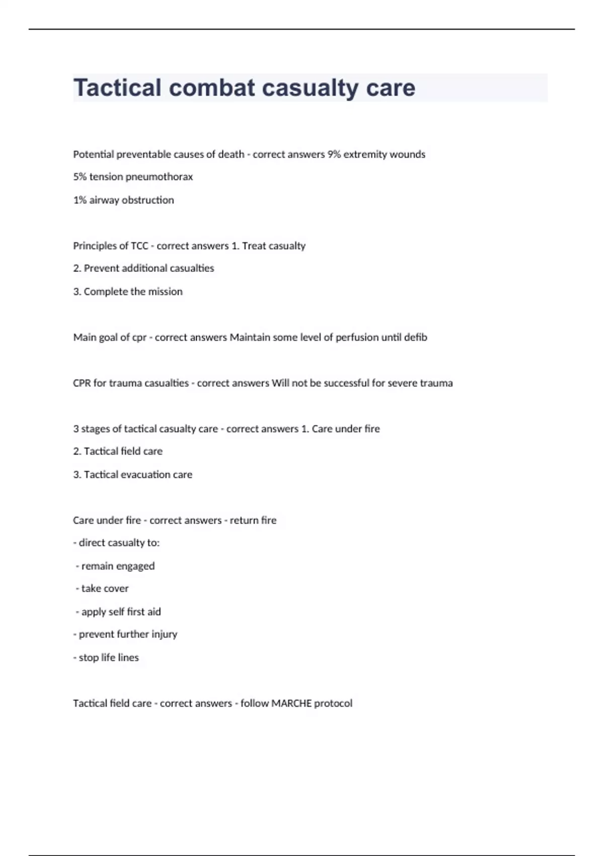 Tactical combat casualty care7 Question and answers correctly solved 2023/2024 - Tactical Combat ...