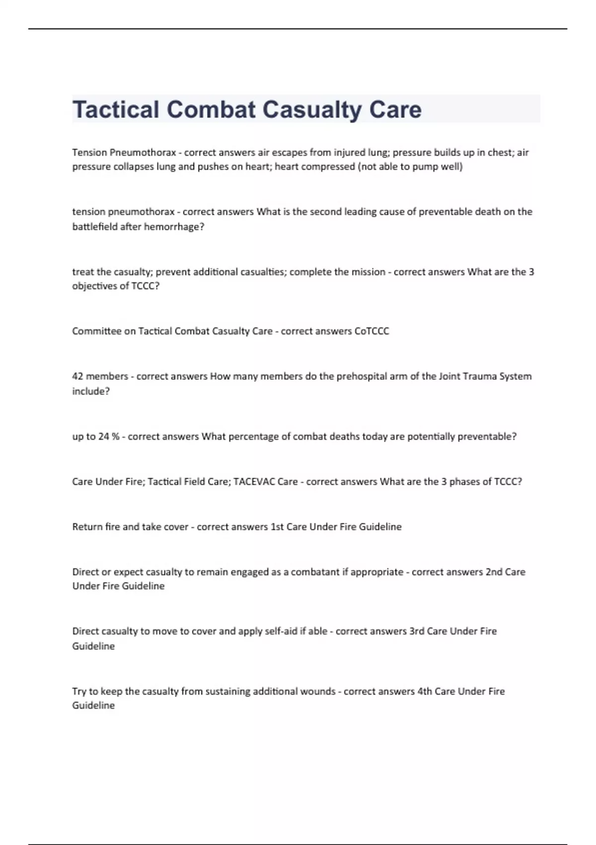 Tactical Combat Casualty Care- Question and answers 100% correct 2023/ ...