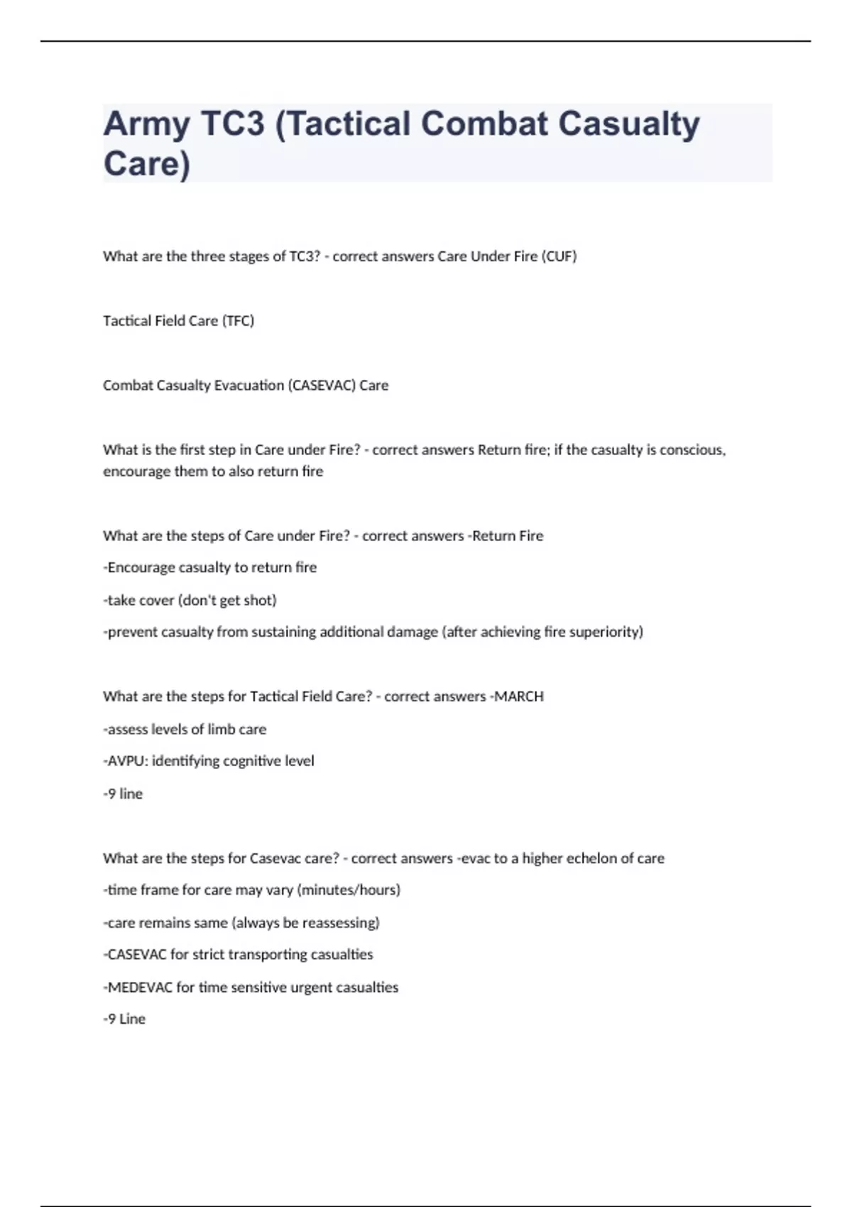 Army TC3 (Tactical Combat Casualty Care) Questions with complete ...