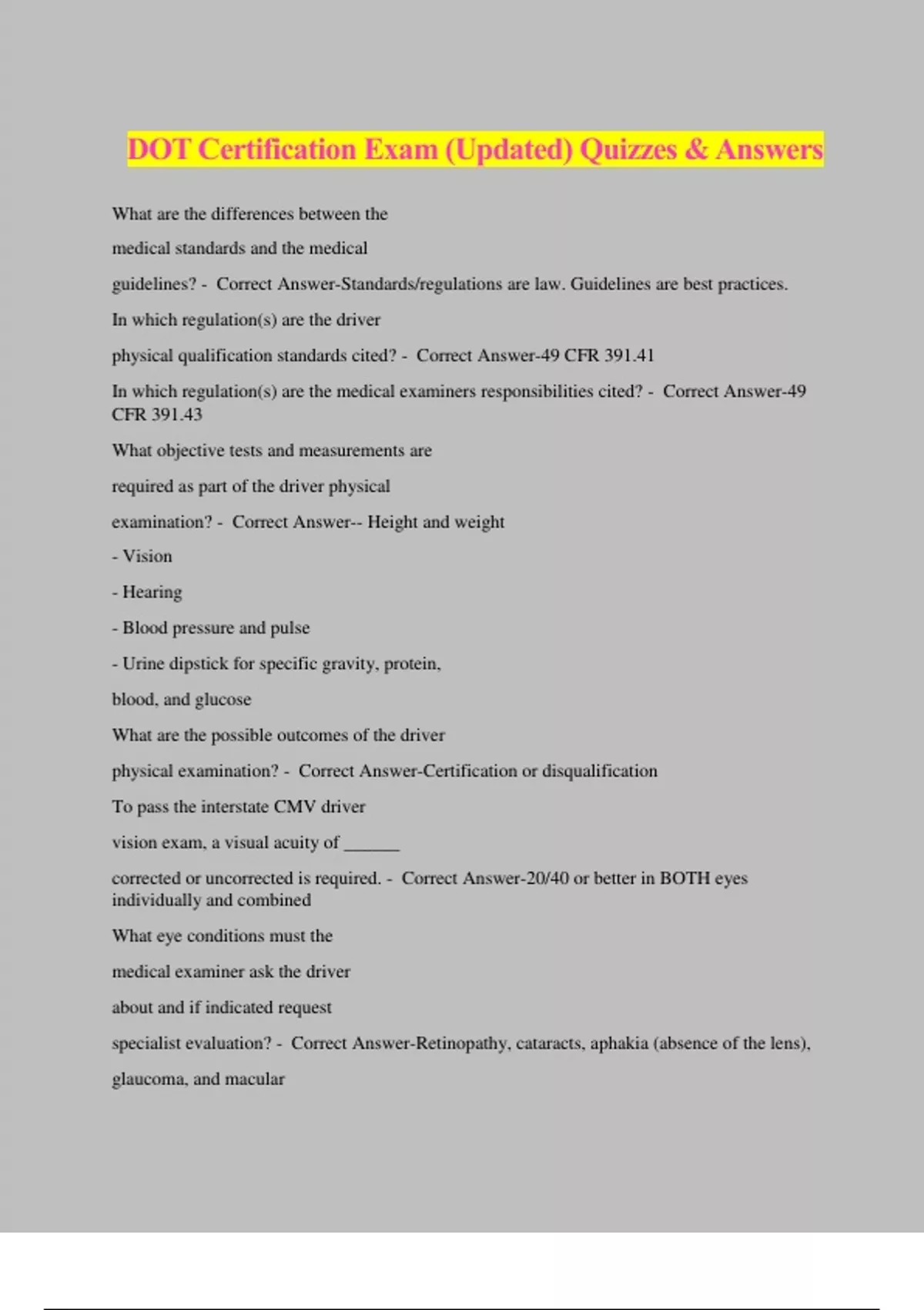 DOT Certification Bundled Exams Questions and Answers | 100% Verified and Updated 2024 | Get the ...