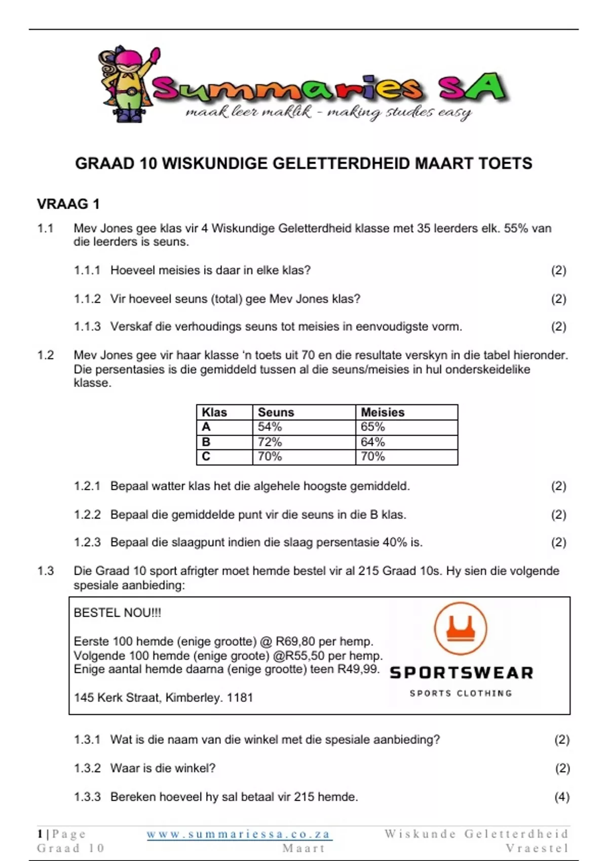 Graad 10 Wiskunde Geletterdheid (WISK GEL) Maart Vraestel en Memo ...